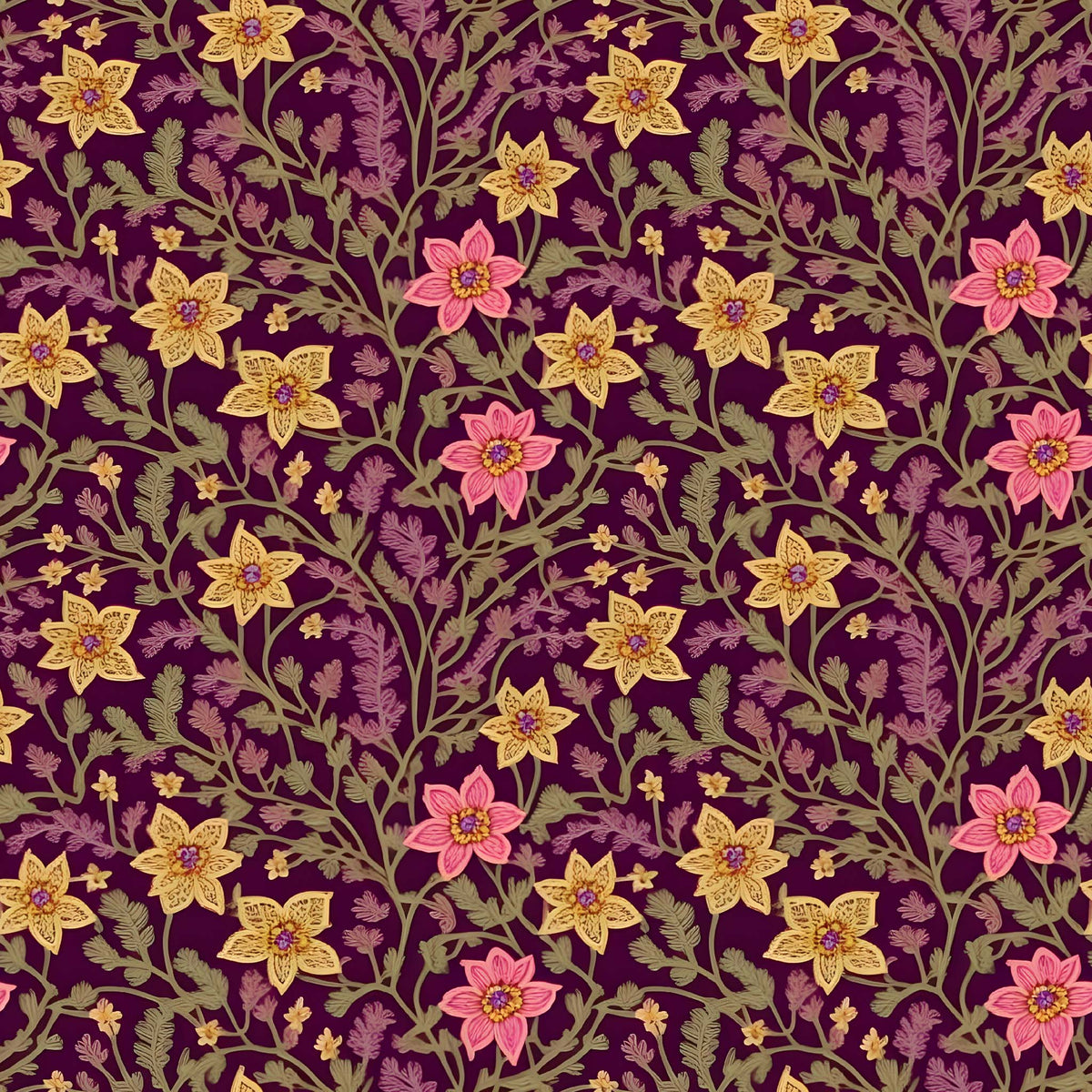 Cross stitch Plum Floral Printed Fabric by the Yard | Fabric on Demand