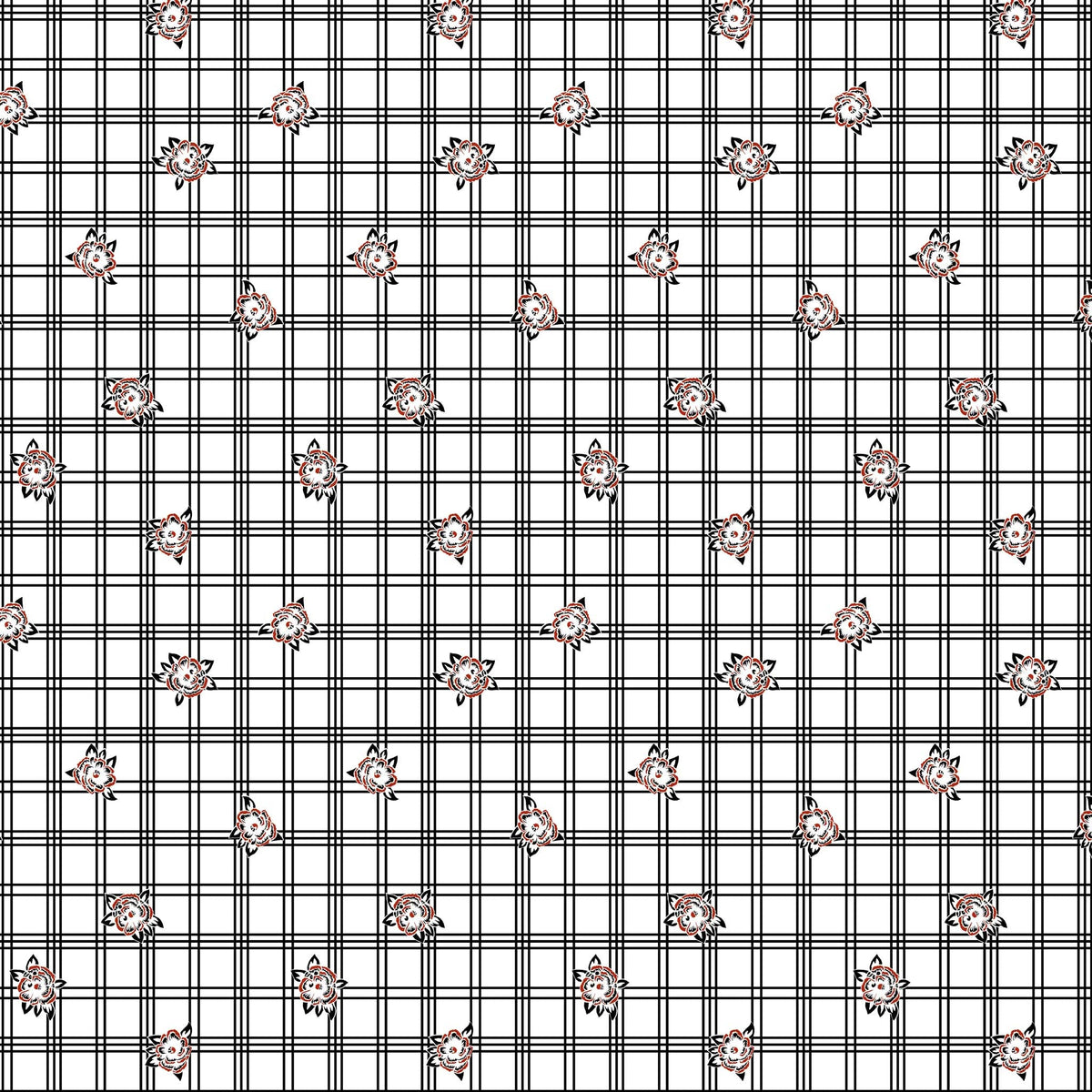 Linear Plaid with Roses Printed Fabric by the Yard | Fabric on Demand