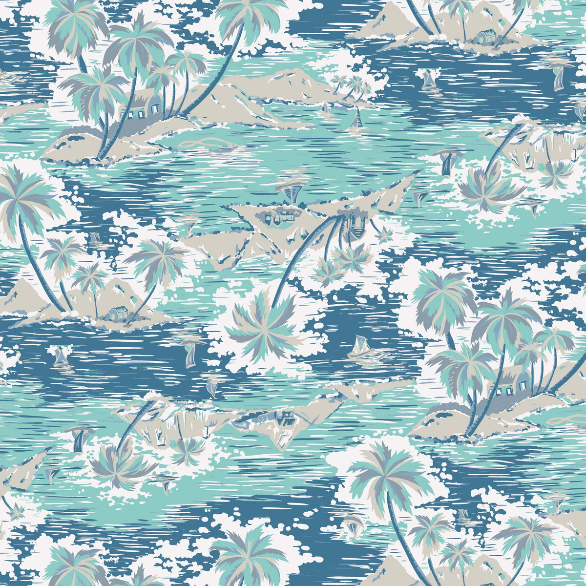Coastal Sketched Island Printed Fabric by the Yard | Fabric on Demand